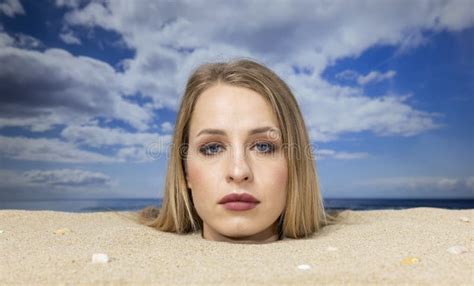 Woman Buried In Sand On Beach Stock Image Image Of Female Fashion