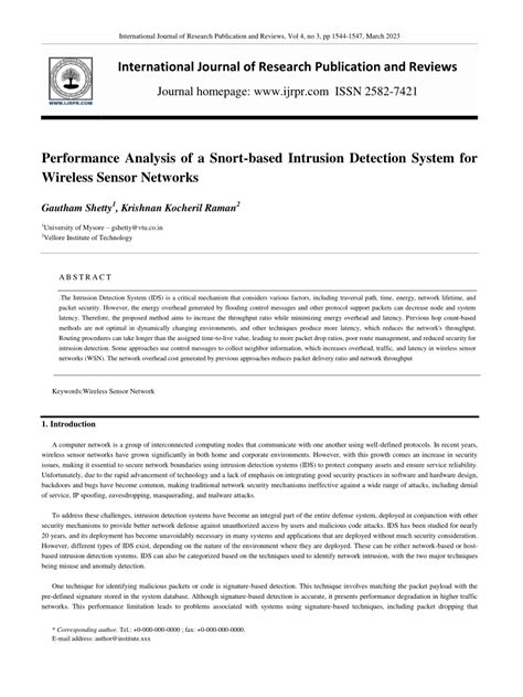 pdf performance analysis of a snort based intrusion detection system for wireless sensor networks