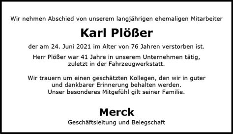 Traueranzeigen von Karl Plößer vrm trauer de
