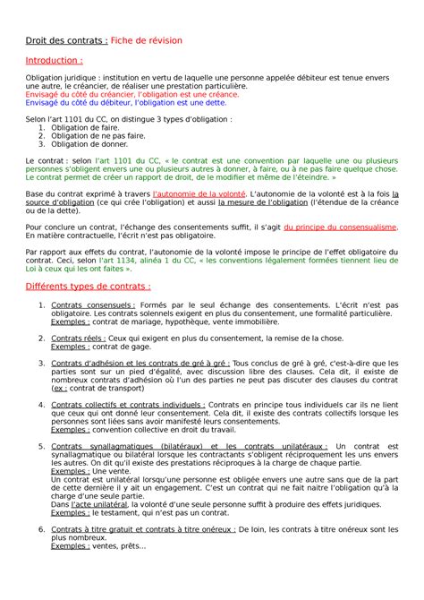 Fiche de révision Droit DES Contrats Droit des contrats Fiche de