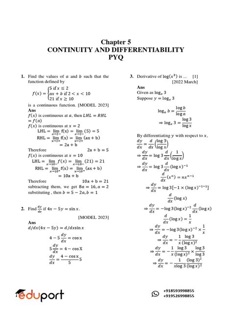 continuity and differentiability pyq 1 find the values of 3 derivative of ans pdf