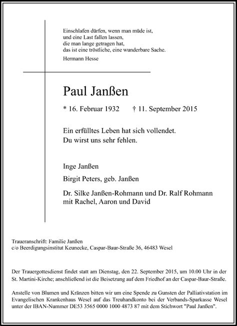 Traueranzeigen von Paul Janßen Trauer in NRW de
