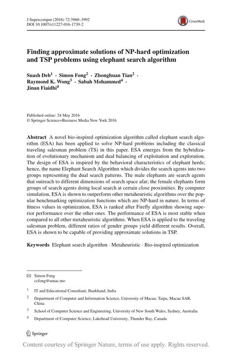 finding approximate solutions of np hard optimization and tsp problems using elephant search