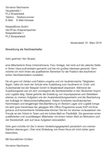 Muster Bewerbung Als Sachbearbeiter Sachbearbeiterin
