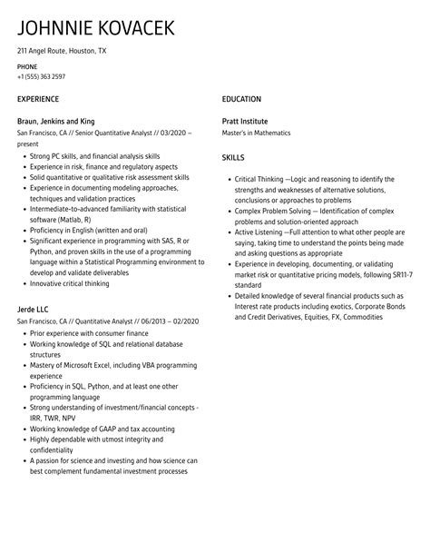 Quantitative Analyst Resume Samples Velvet Jobs