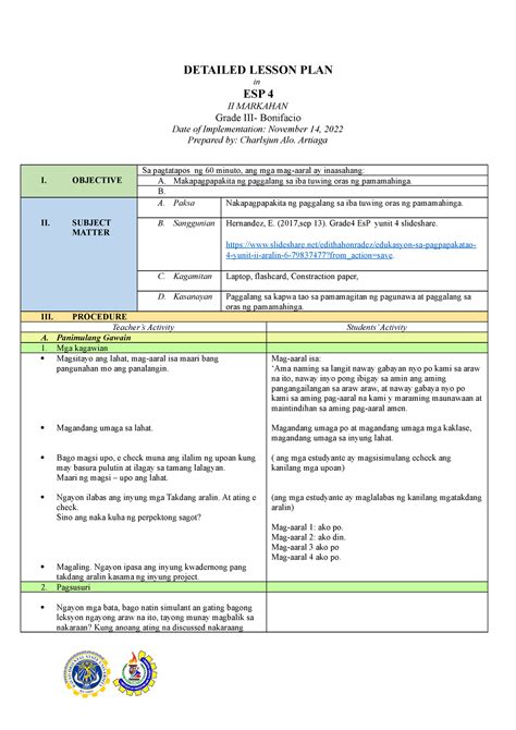 Example Of Detailed Lesson Plan In Esp Grade 3 Printable Templates Free
