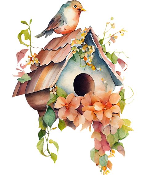 A Watercolor Painting Of A Bird Sitting On Top Of A Birdhouse With