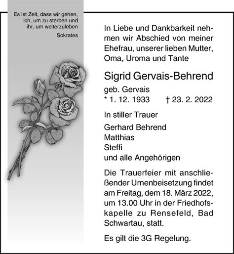 Traueranzeigen Von Sigrid Gervais Behrend Trauer Anzeigen De