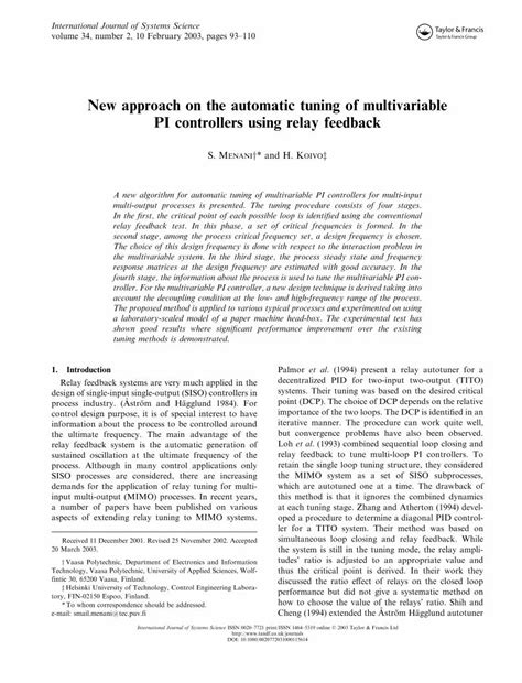 pdf new approach on the automatic tuning of multivariable pi controllers using relay feedback
