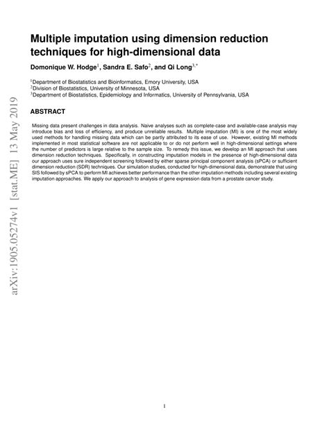 pdf multiple imputation using dimension reduction techniques for high dimensional data