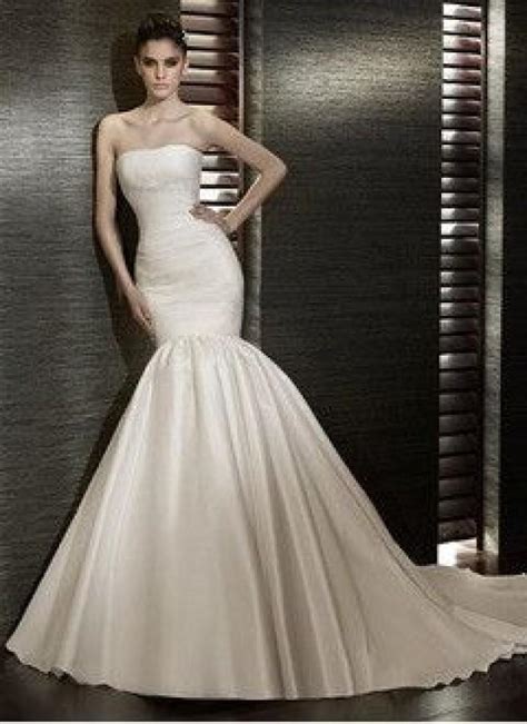 Trumpet Mermaid Strapless Chapel Train Satin Wedding Dress With Ruffle