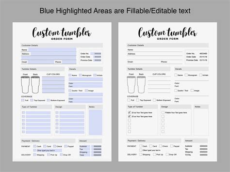 Custom Tumbler Order Form Fillable Editable PDF Template Instant