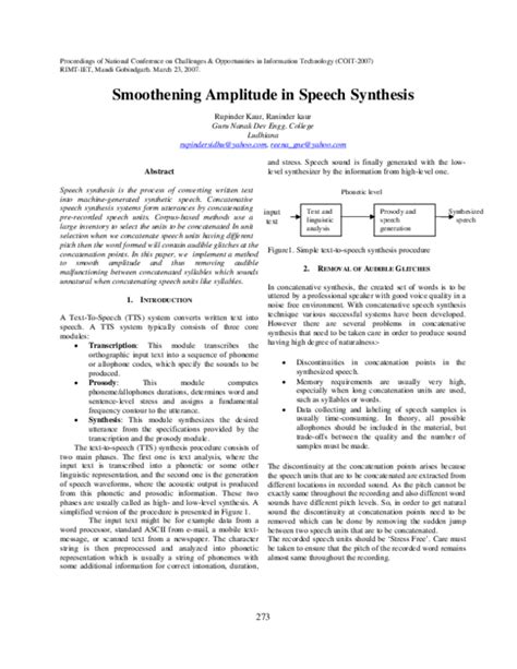 pdf smoothening amplitude in speech synthesis rupinder kaur