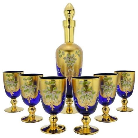 GlassOfVenice Murano Glass Decanter Set With Six Wine Glasses 24K Gold