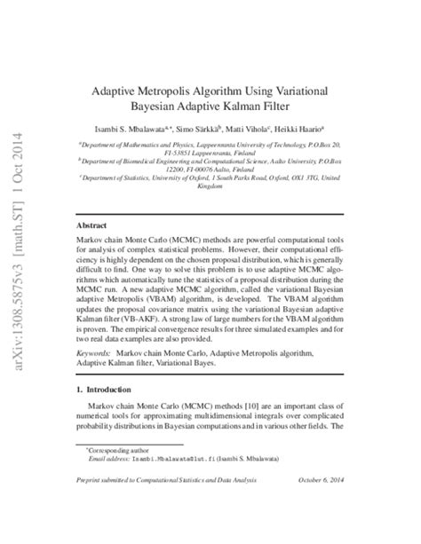 pdf adaptive metropolis algorithm using variational bayesian adaptive kalman filter heikki