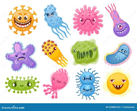 Cartoon Viruses Germ And Bacteria With Evil Faces Bad Pathogen
