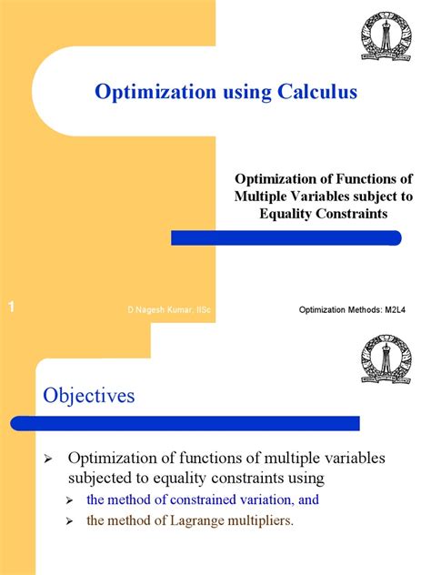 optimization using calculus optimization of functions of multiple variables subject to equality
