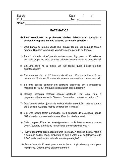 Problemas De Matemática 4 Ano Multiplicação E Divisão Resposta