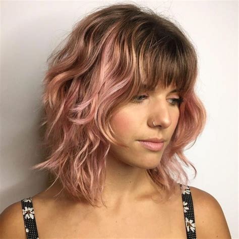 Pastel Pink Shaggy Bob With Bronde Bangs Medium Shag Haircuts