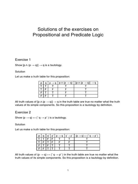 propositional and predicate logic exercises solutions for truth tables tautologies and