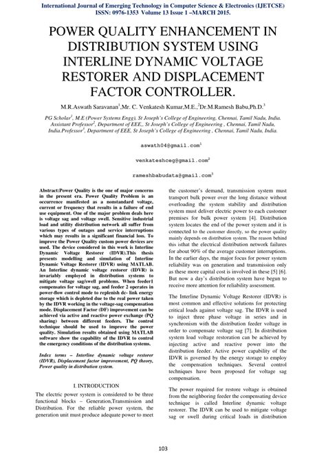 pdf power quality enhancement in distribution system using interline dynamic voltage restorer
