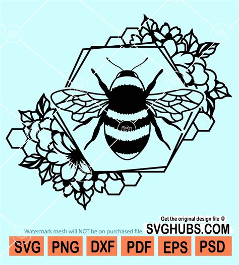Floral Bee Hexagonal Frame Svg Bee Svg Floral Bee Wreath Svg Honey