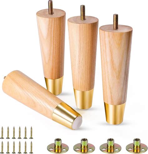 Lot de 4 pieds de meubles en bois massif de 15 cm avec pointes dorées