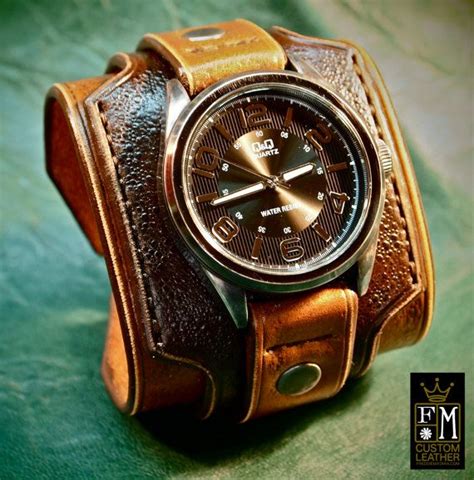 Brown Distressed Leather Cuff Watch Vintage 2 Tone Style Etsy