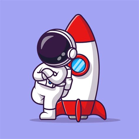 Cartoon Astronaut Lean On Rocket Hand Drawn Illustration Spaceman Flat