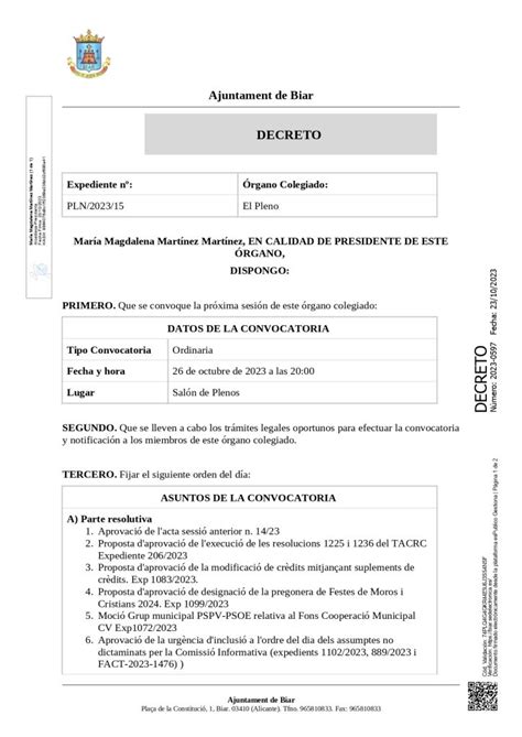 Ple Ordinari Corresponent Al Mes Doctubre M I Ayuntamiento De Biar