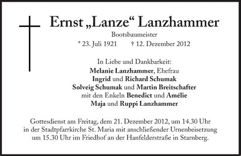 Traueranzeigen Von Ernst Lanzhammer SZ Gedenken De
