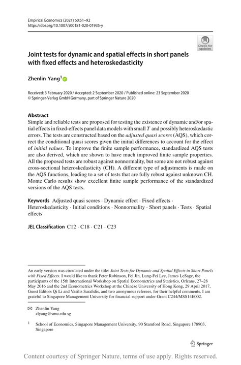 joint tests for dynamic and spatial effects in short panels with fixed effects and