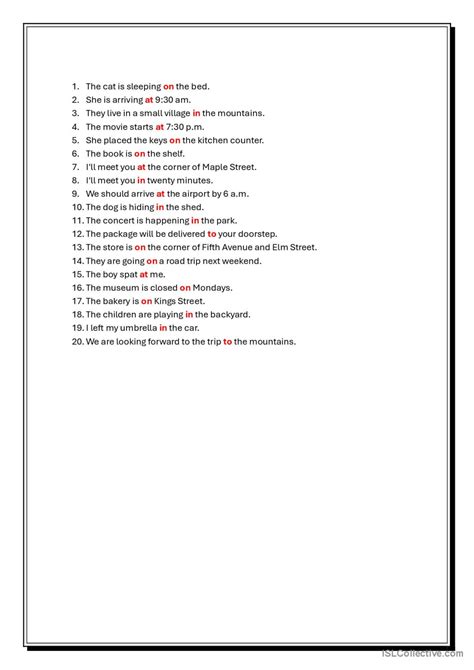 Prepositions at in on or to gen Français FLE fiches pedagogiques