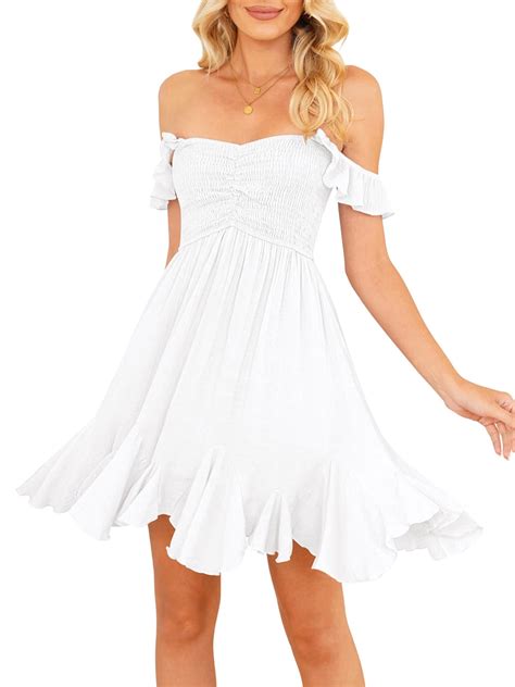 Womens Off Shoulder Smocked Tube Top Dress Ruffle Hem A Line Flowy Swing Sundress Summer Mini
