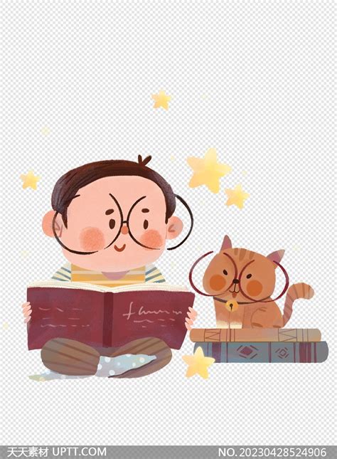 卡通男孩小猫读书阅读元素素材 天天素材库图片素材