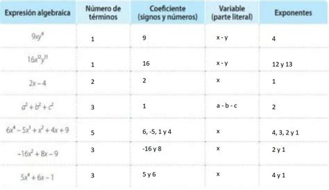 Completa La Tabla Escribiendo Las Partes De Cada Expresion Algebraica