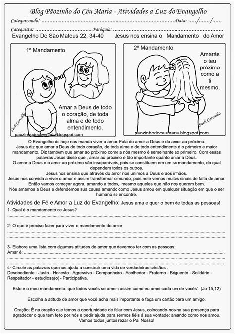 Pãozinho do Céu Mandamento do Amor Atividades de Catequese Evangelho