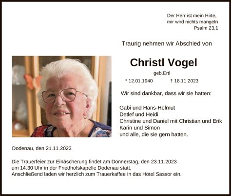Traueranzeigen Von Christl Vogel Trauer HNA De