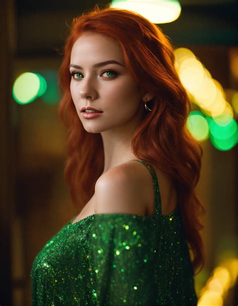 Lexica A Beautiful Red Head Woman With Green Eyes But Looking Back