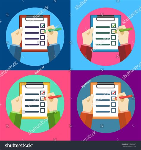 Hand Holding Clipboard With Checklist And Pencil Flat Style Over