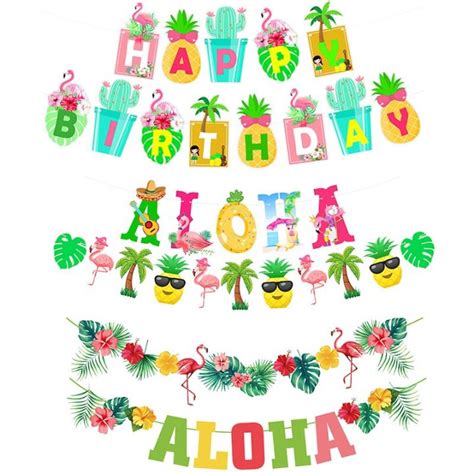 Summer Hawaii ALOHA Happy Birthday Banner Flamingo Hawaiian Tropical