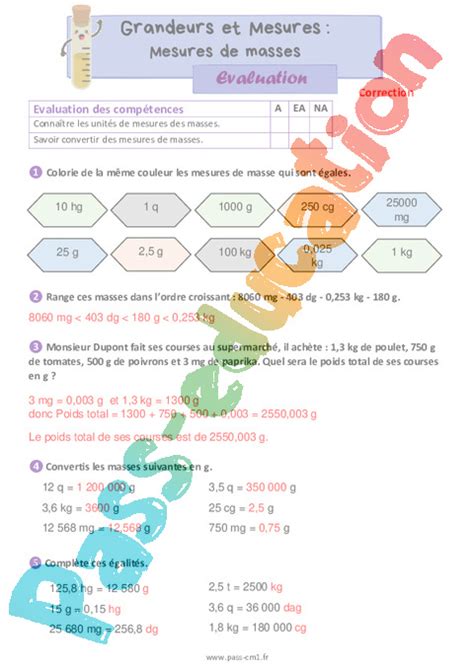 Mesures de masses Évaluation de grandeurs et mesures pour le cm1