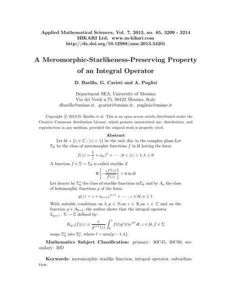 pdf a meromorphic starlikeness preserving property of an integral operator