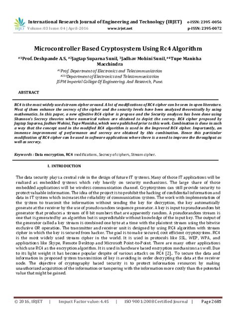 pdf microcontroller based cryptosystem using rc4 algorithm irjet journal