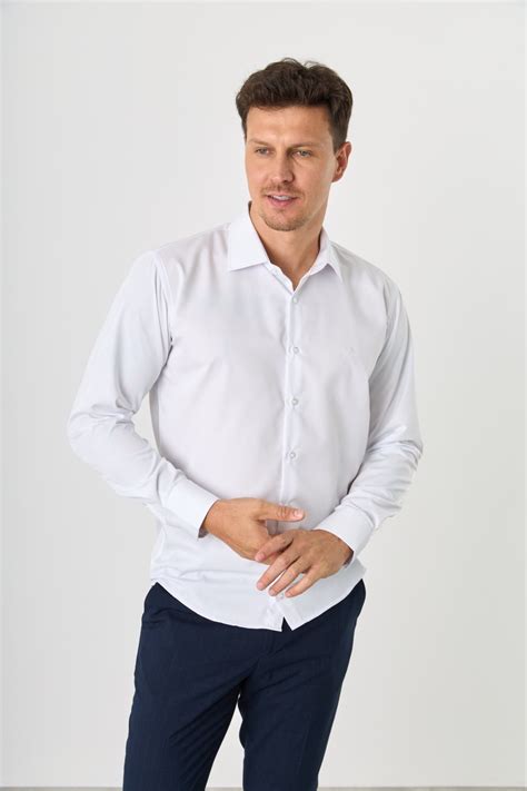 Camisa Slim Masculina Fio De Bambu E Manga Comprida Branca Delucca