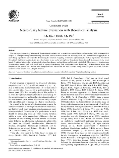 pdf neuro fuzzy feature evaluation with theoretical analysis rajat de and sankar pal