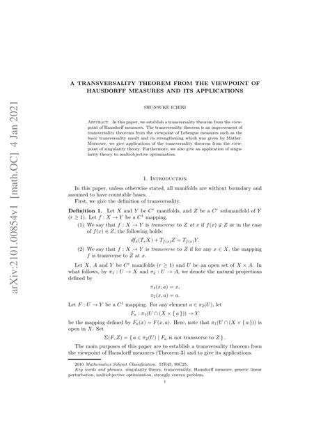 pdf a transversality theorem from the viewpoint of hausdorff measures and its applications
