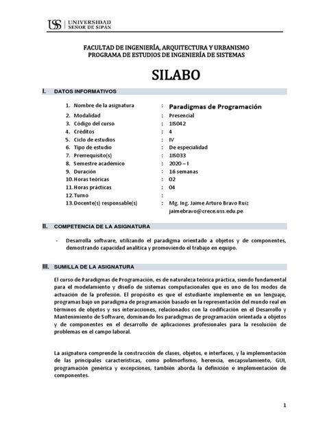 silabo paradigmas de programación 2020 i pdf programación orientada a objetos lenguaje de