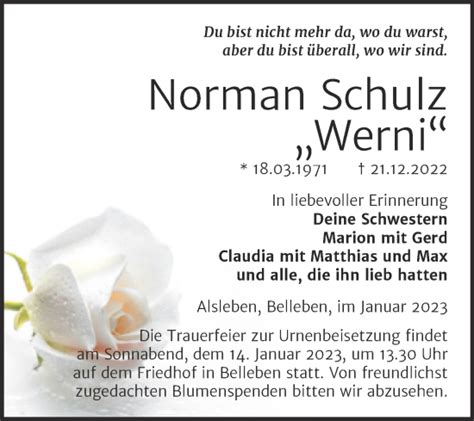 Traueranzeigen Von Norman Schulz Abschied Nehmen De