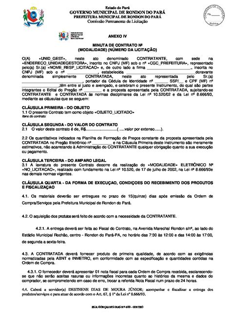 MINUTA DO CONTRATO 24 Prefeitura Municipal de Rondon do Pará